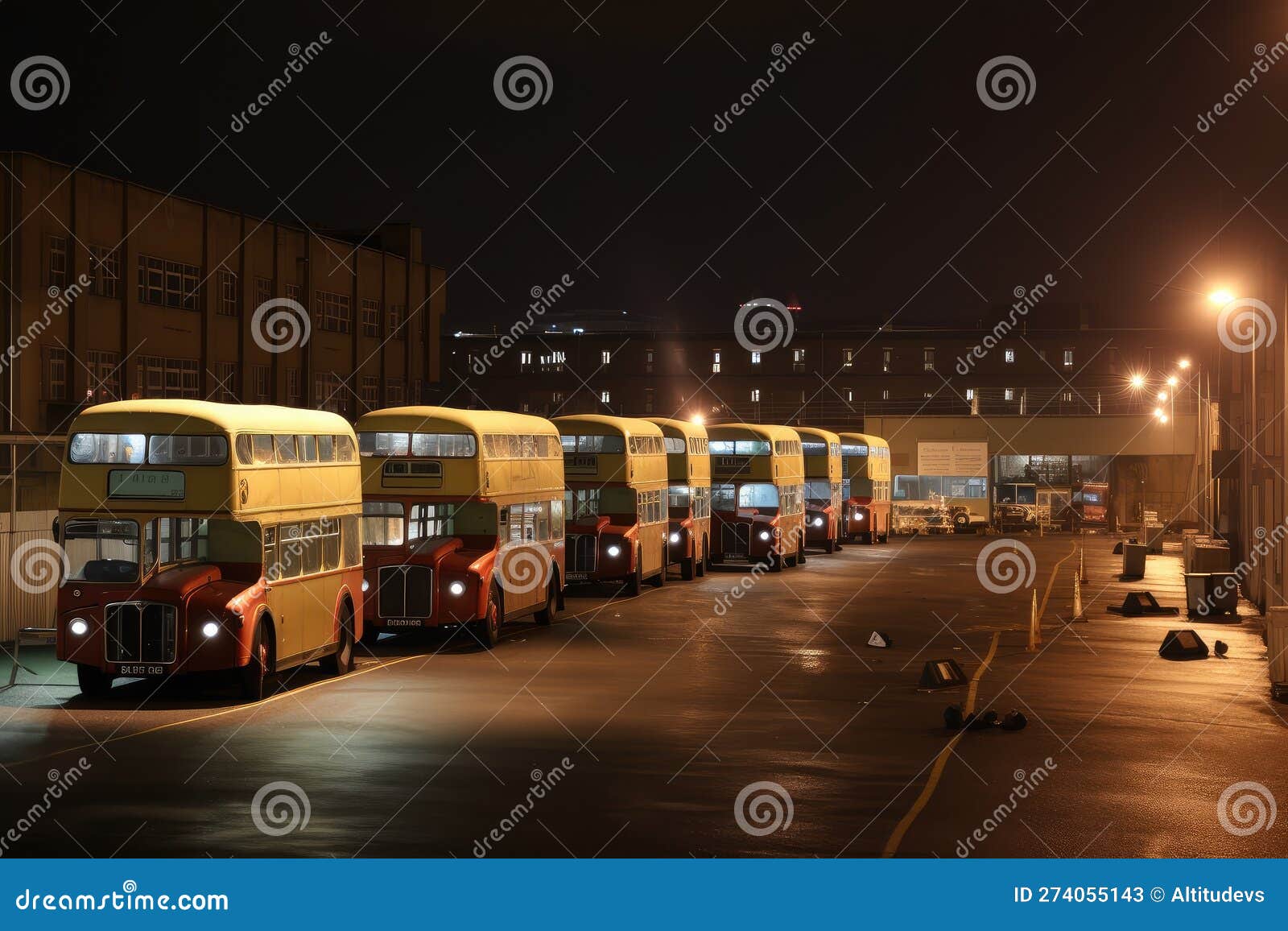 Bus Depot at Night, with the Lights Shining and Buses Parked in Rows ...
