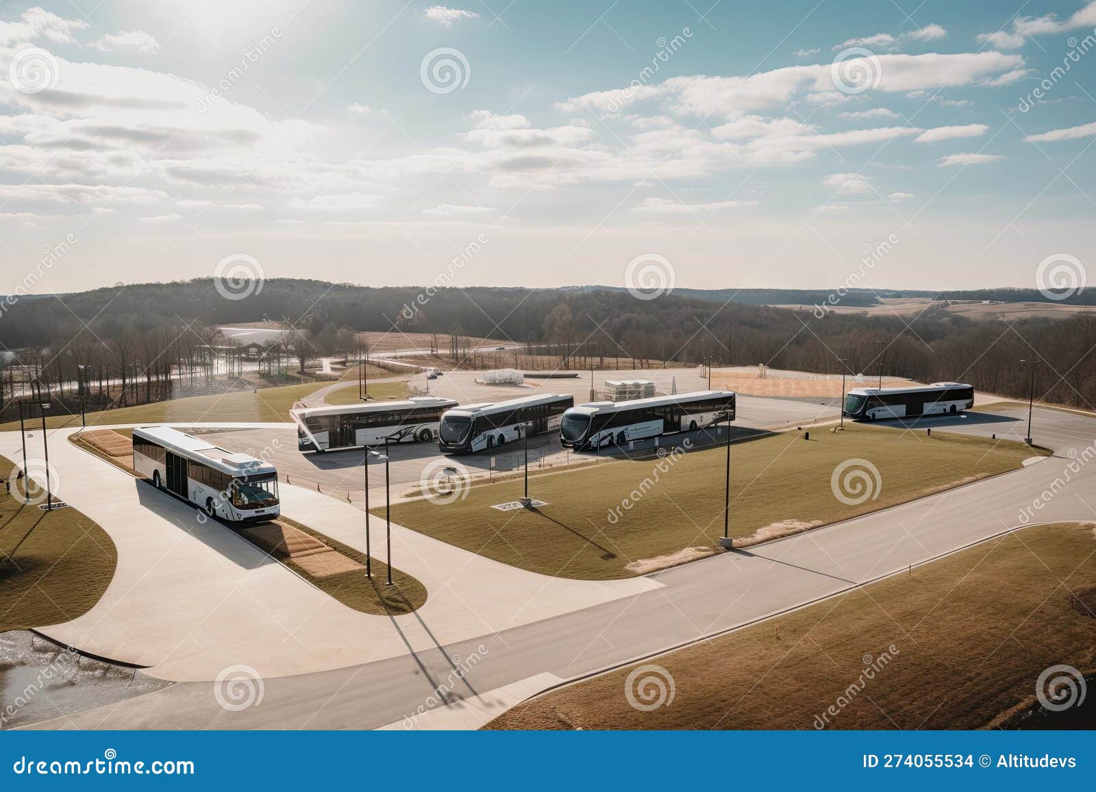 Bus Depot With View Of Rolling Hills And Fields, Signifying The Journey ...