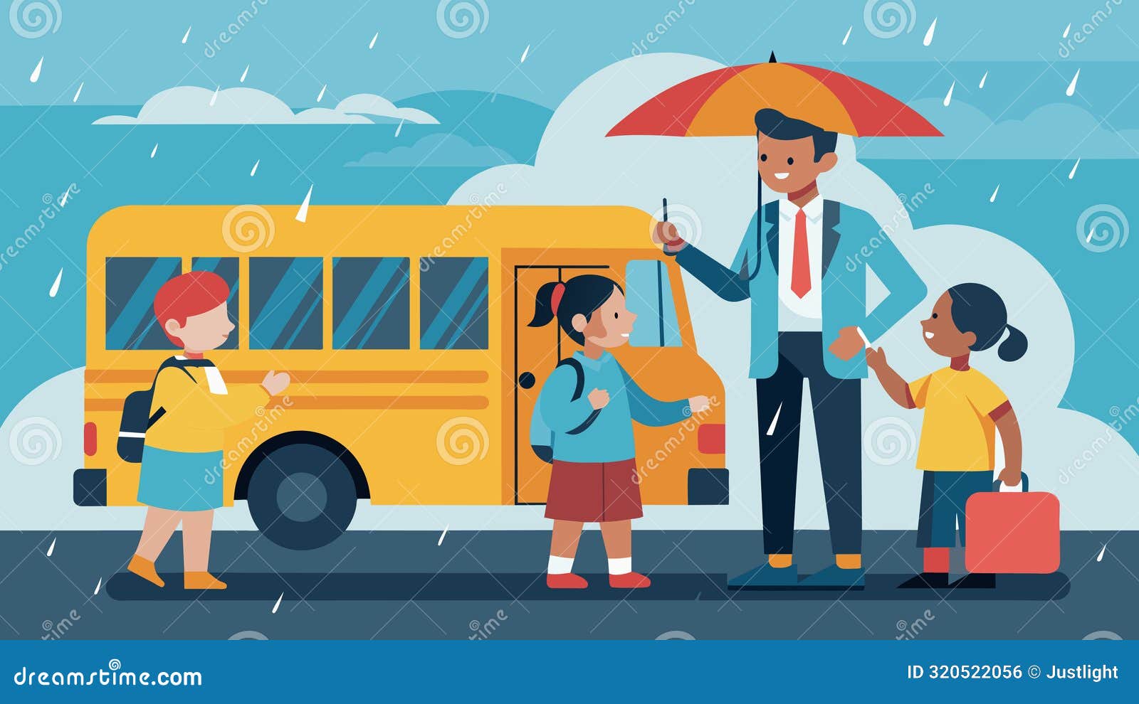 The Bus Driver Holding an Umbrella and Helping Students Off the Bus on ...