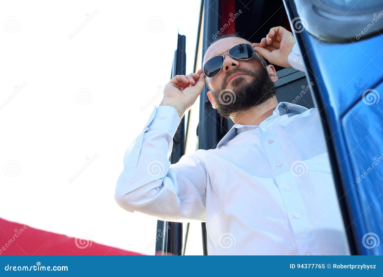 The Bus Driver Improves Sunglasses. Stock Image - Image of traveling ...
