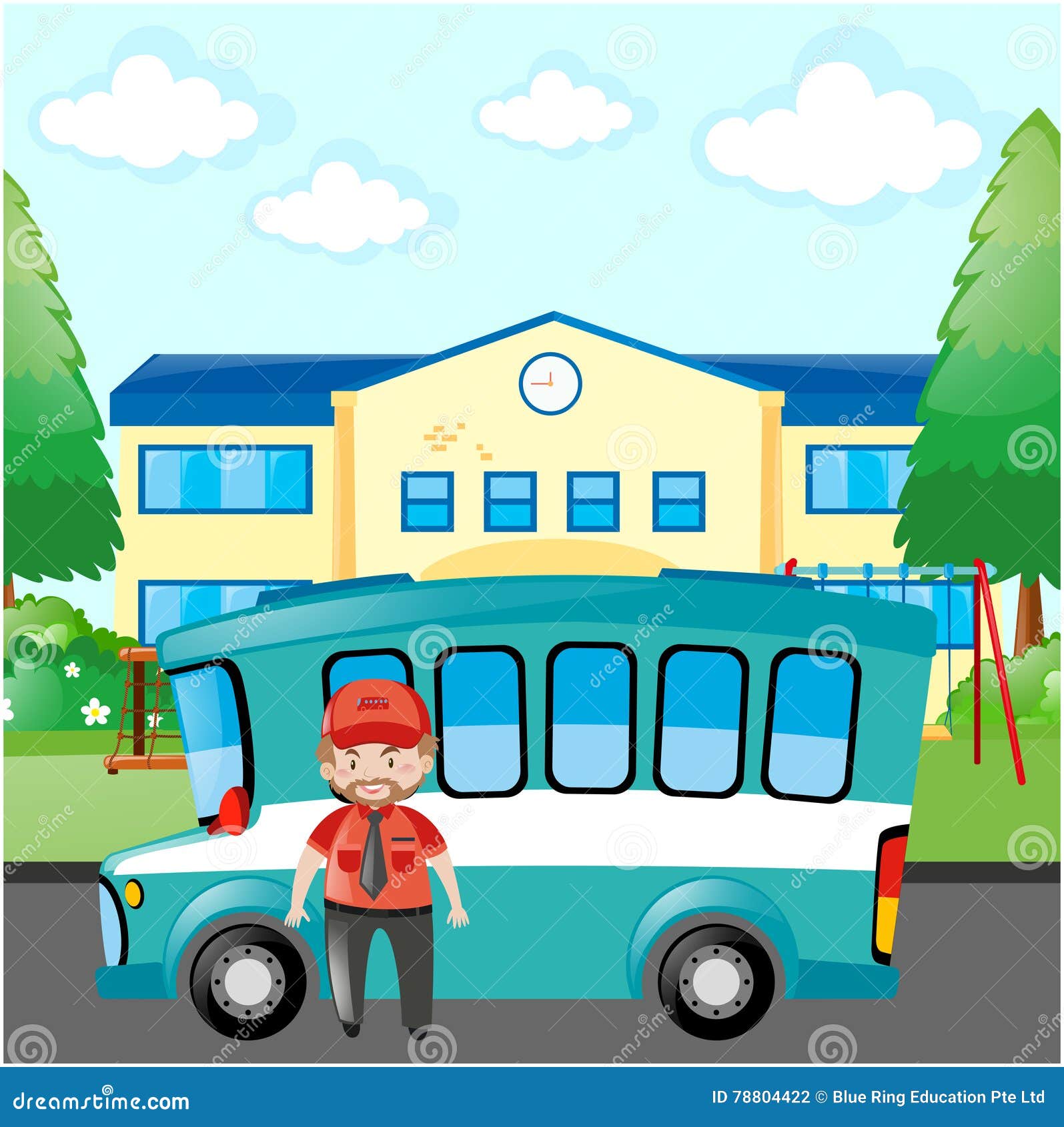 Bus Driver Standing by Blue Bus Stock Illustration - Illustration of ...