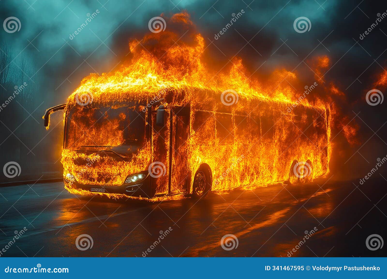 A Bus is Engulfed by Flames on the Side of the Road Stock Image - Image ...