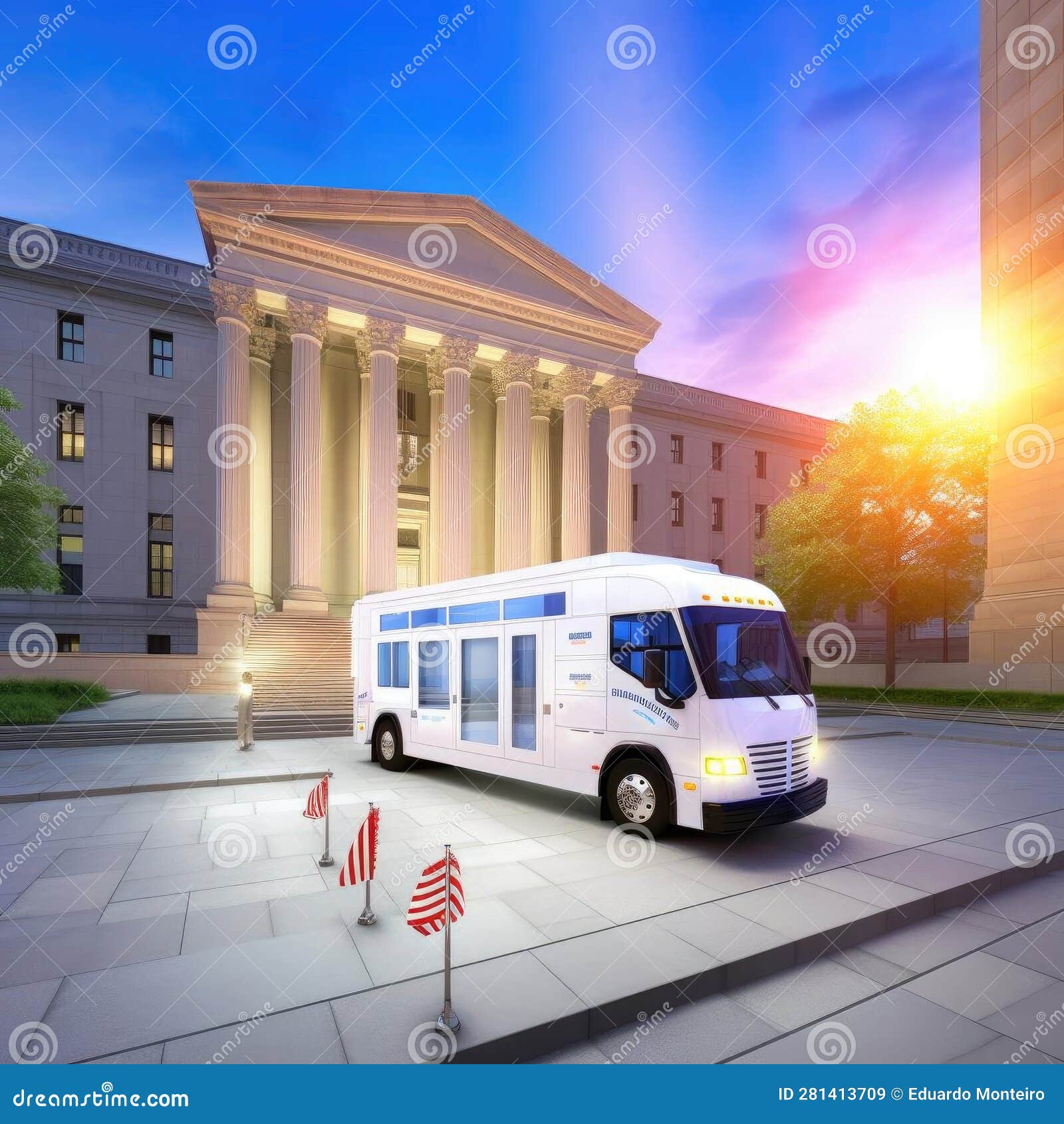 Bus in Front of a Public Building at Sunset Stock Illustration ...