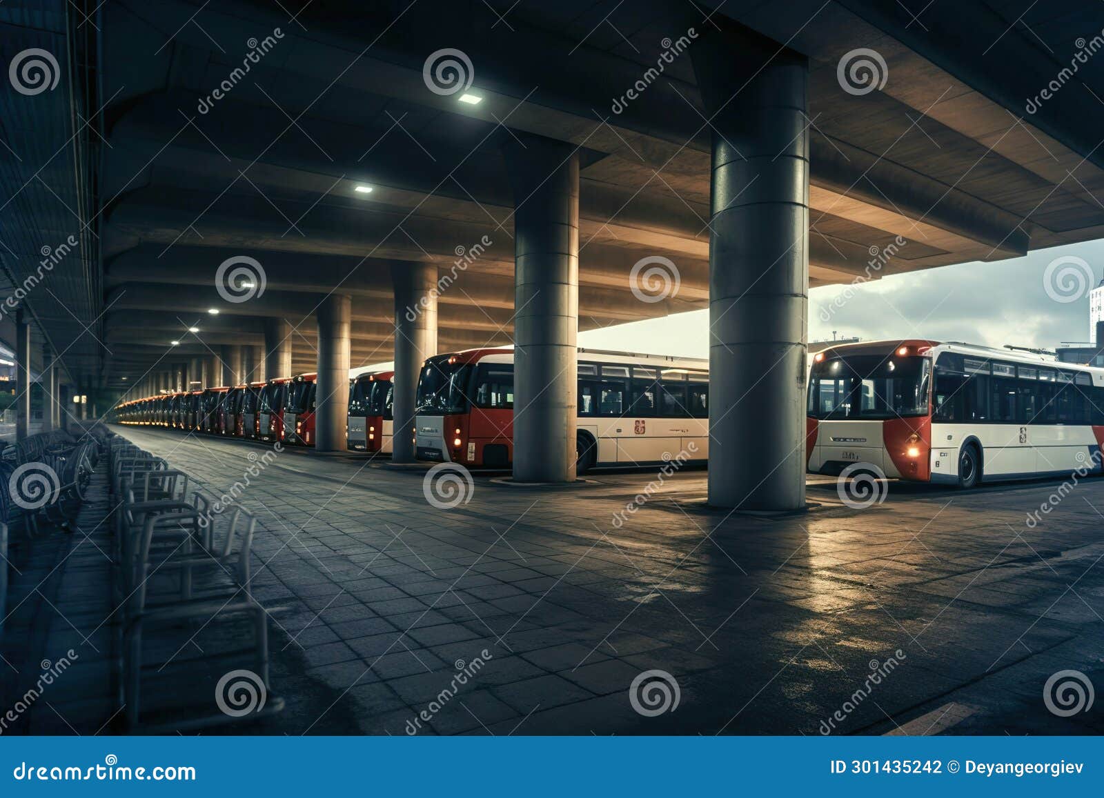 Bus Garage with Passenger Buses. Stock Illustration - Illustration of ...