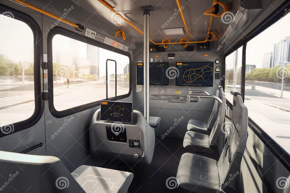 Bus, with Interior View of Passengers Scrolling through Their Connected ...
