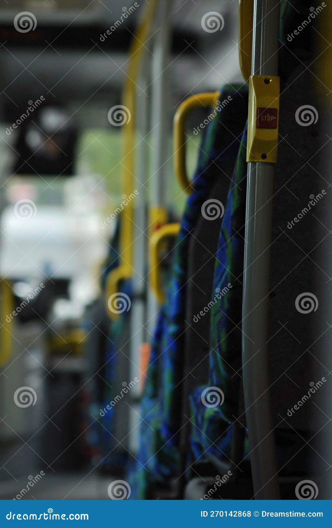 On the Bus Looking Forward, Bus Corridor. Close-up of Blue Patterned ...