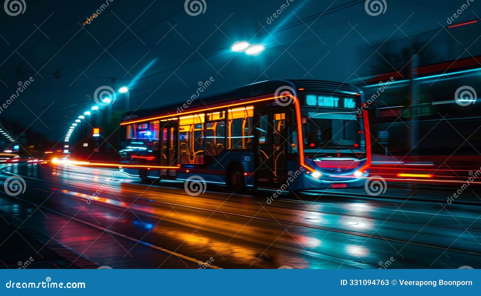 The Bus in Motion Against a Dark Night Sky Stock Illustration ...