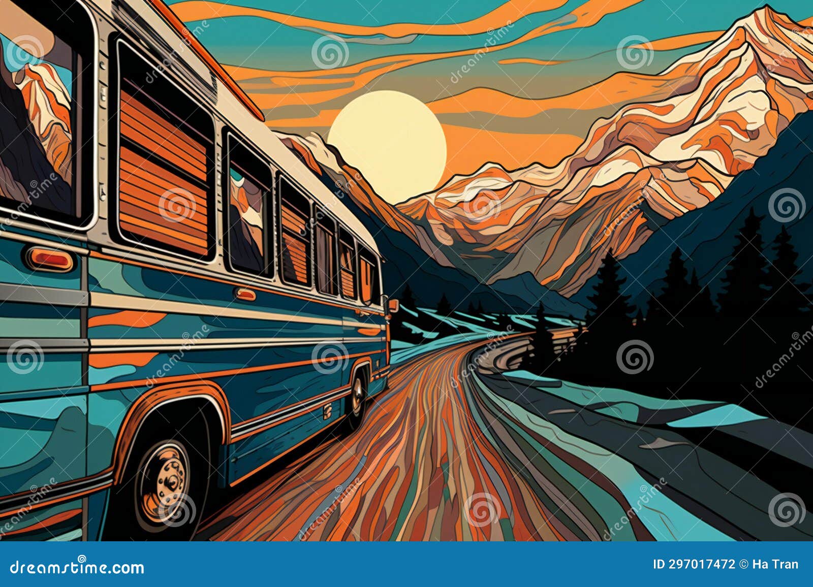 Bus on the Road in the Mountains at Sunset Stock Illustration ...