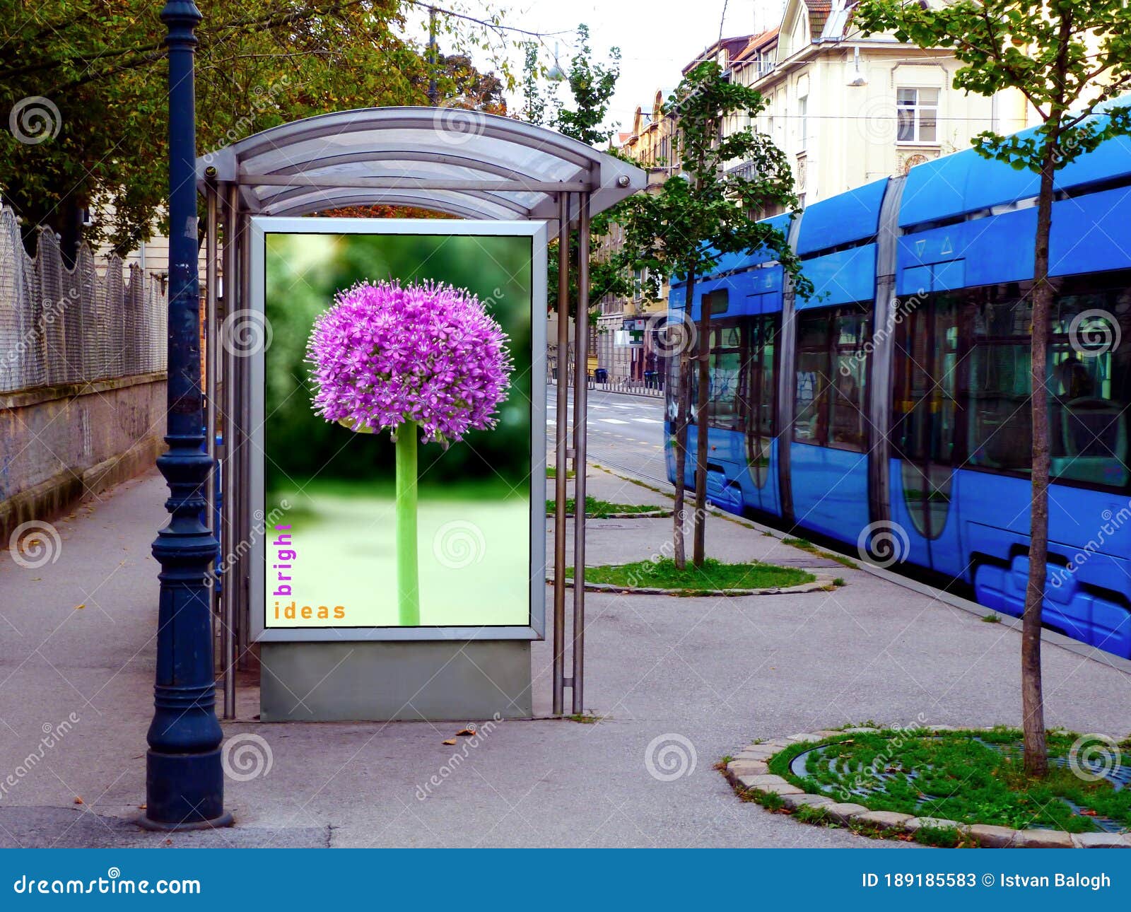Bus Shelter and Bus Stop. Glass Light Box Side Ad Panel. Colorful ...