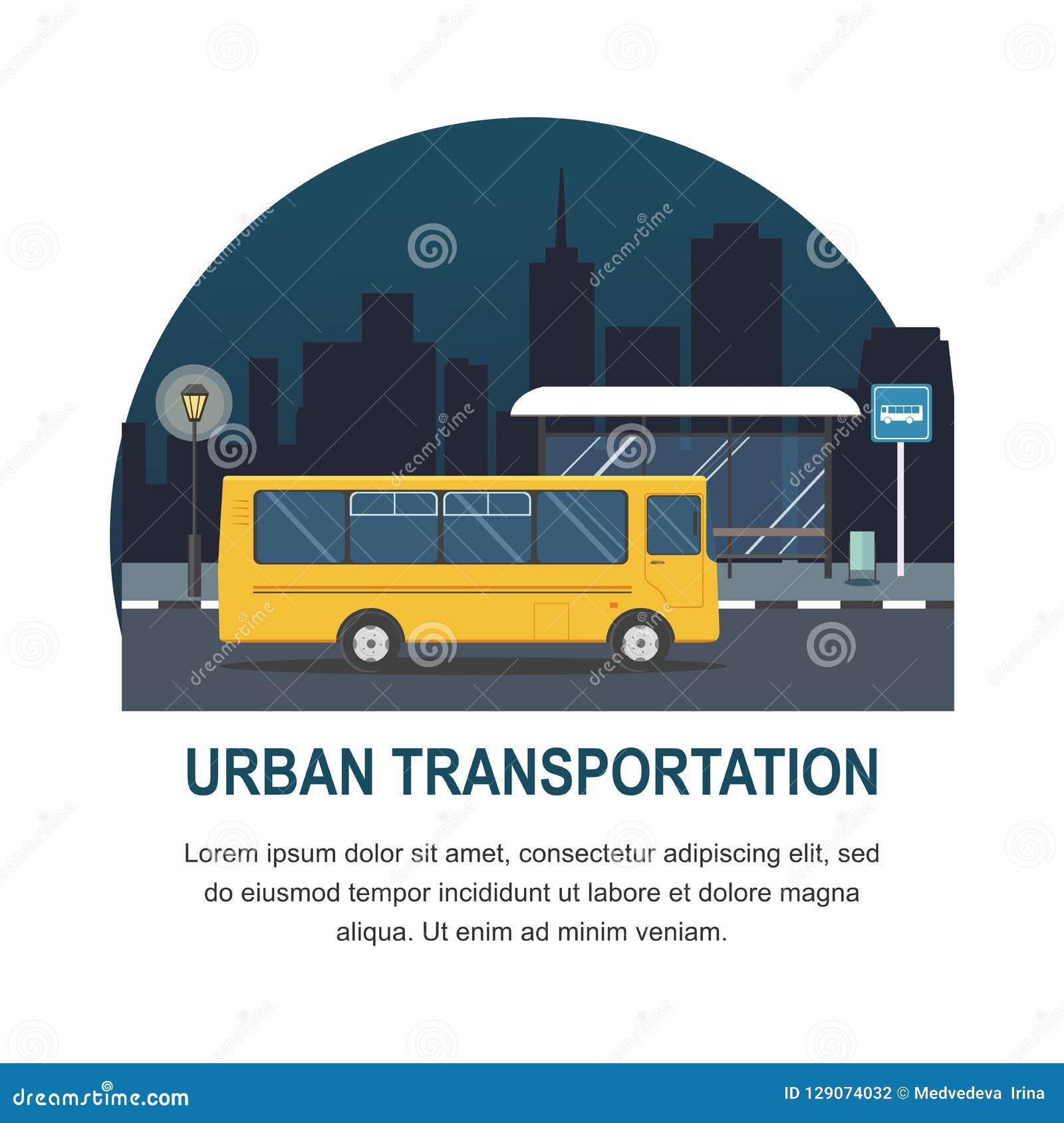 Bus at the Bus Stop on Background of Night City Stock Vector ...