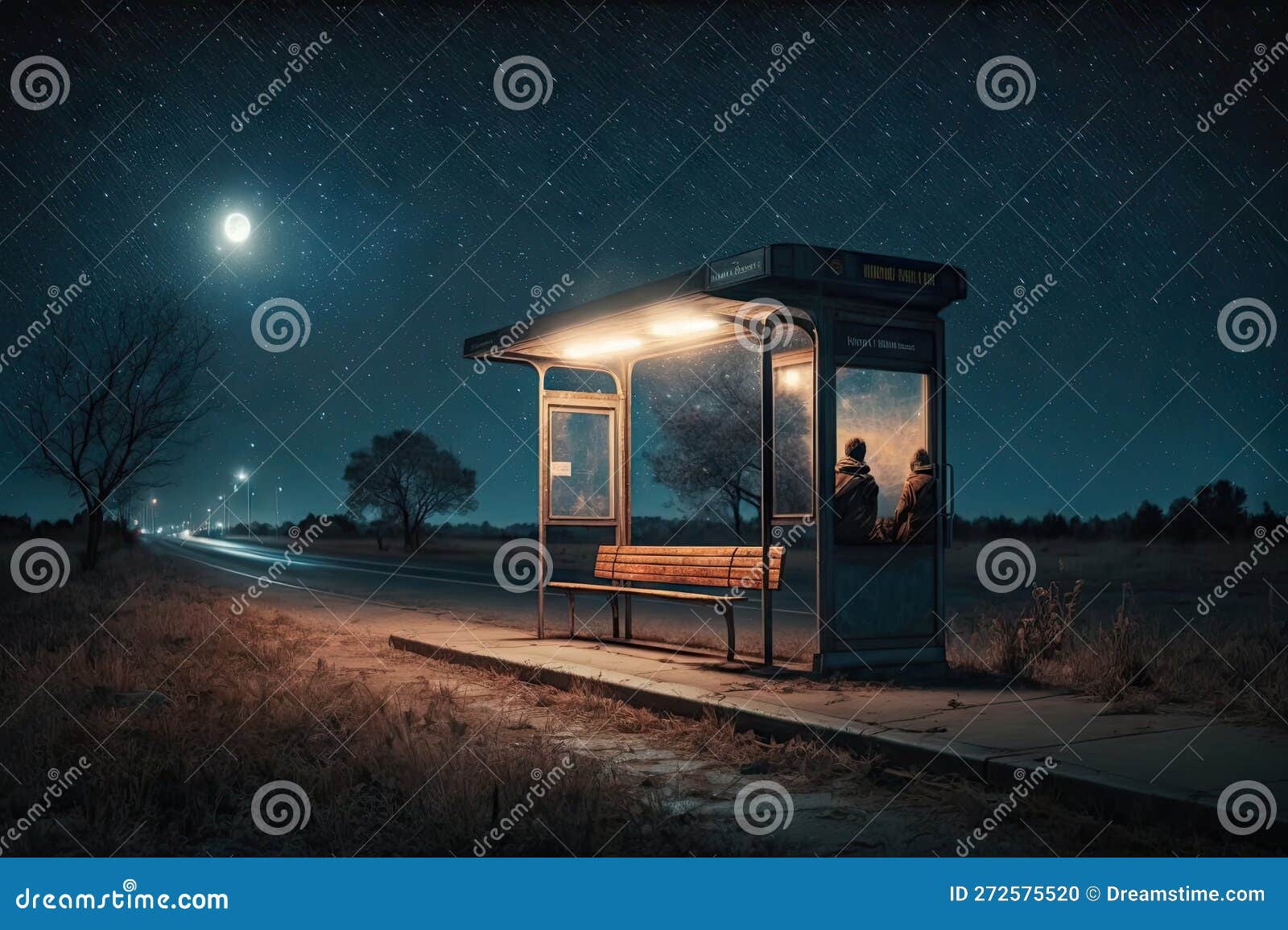 A Bus Stop with a Bench, Lanterns, and a View of the Night Sky Stock ...
