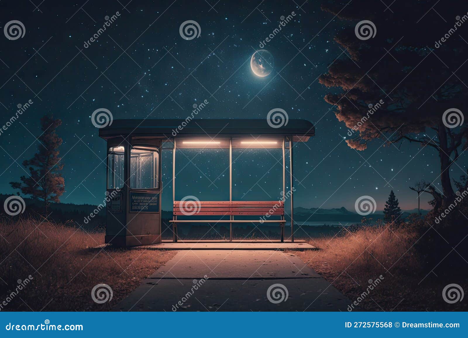 A Bus Stop with a Bench, Lanterns, and a View of the Night Sky Stock ...