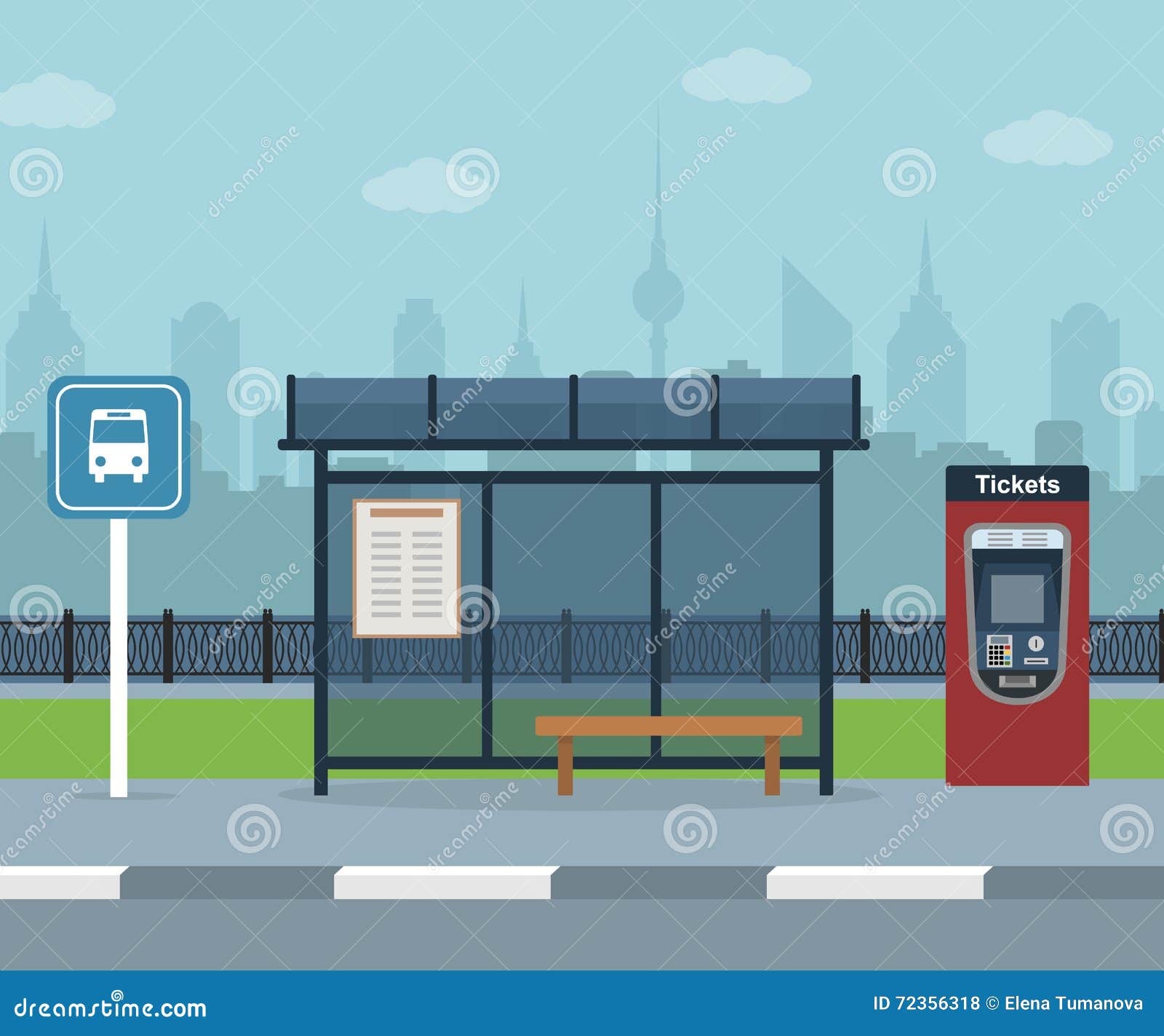 Bus Stop with City Background . Stock Vector - Illustration of flat ...