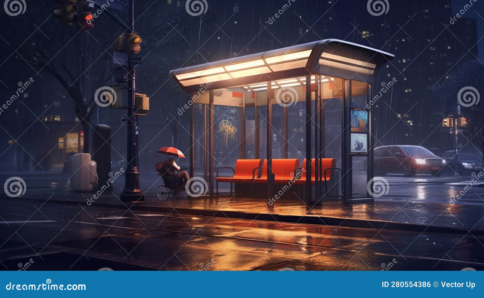 Bus Stop in City at Night on Background. Generative AI. Stock ...