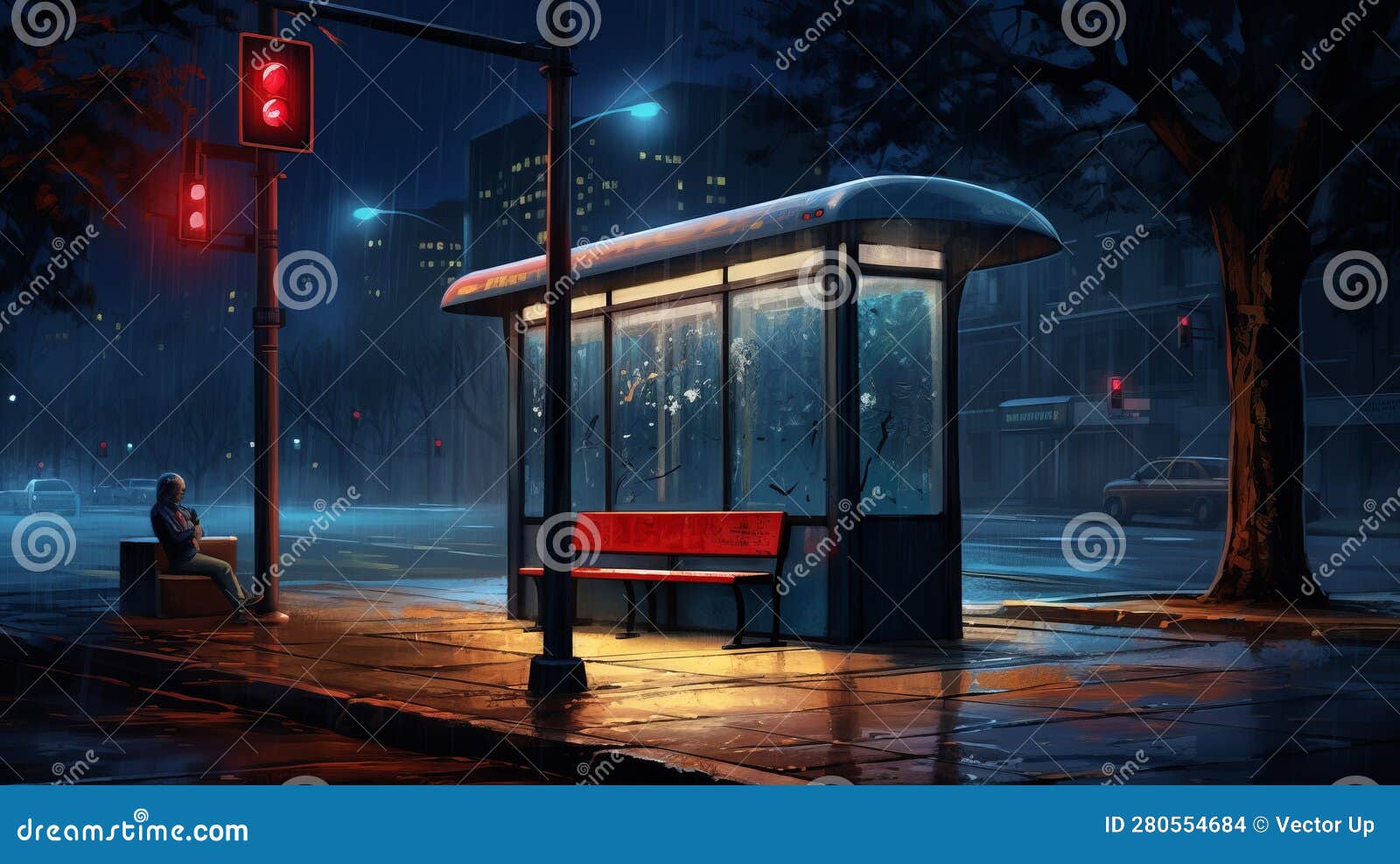 Bus Stop in City at Night on Background. Generative AI. Stock ...