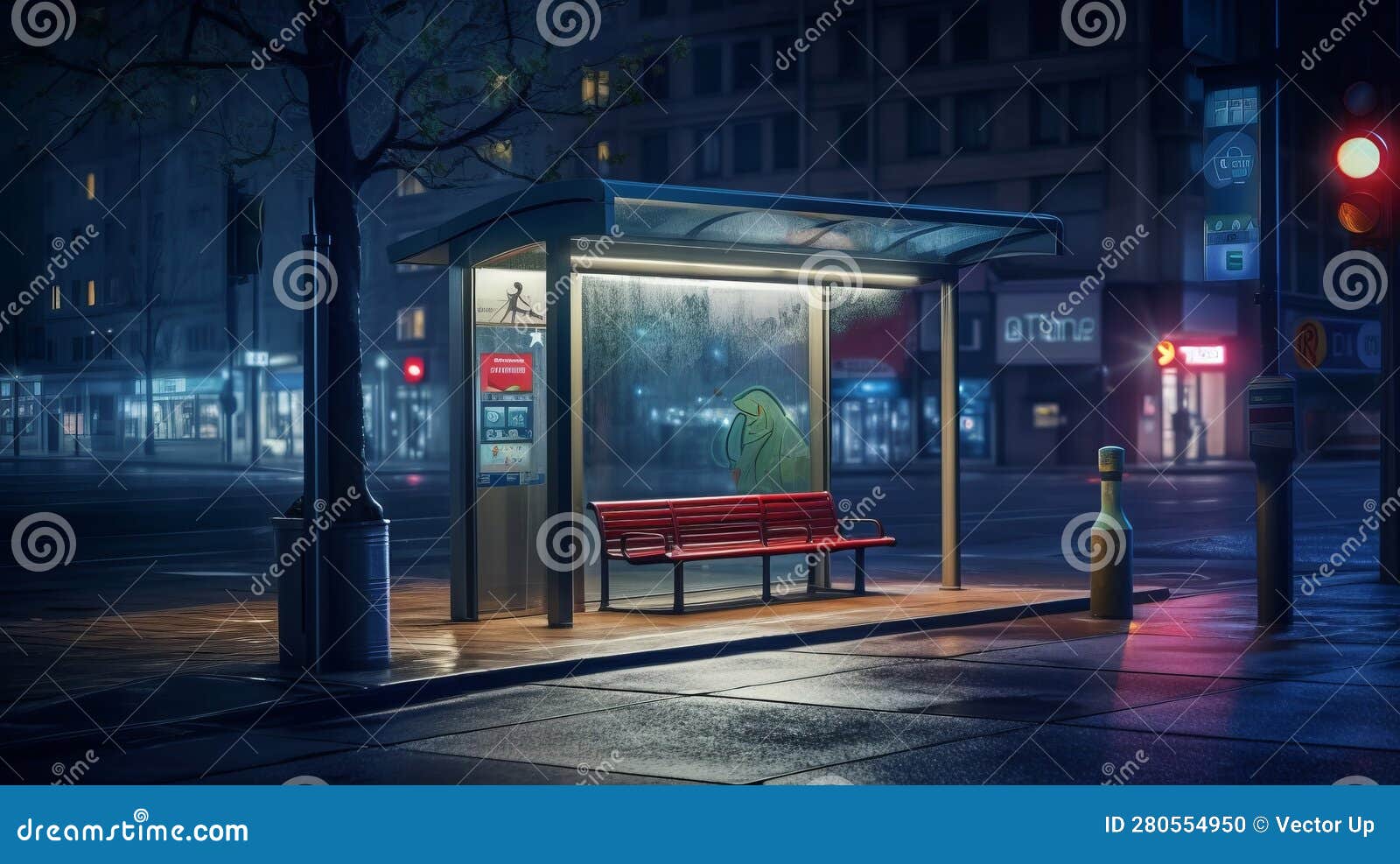 Bus Stop in City at Night on Background. Generative AI. Stock ...