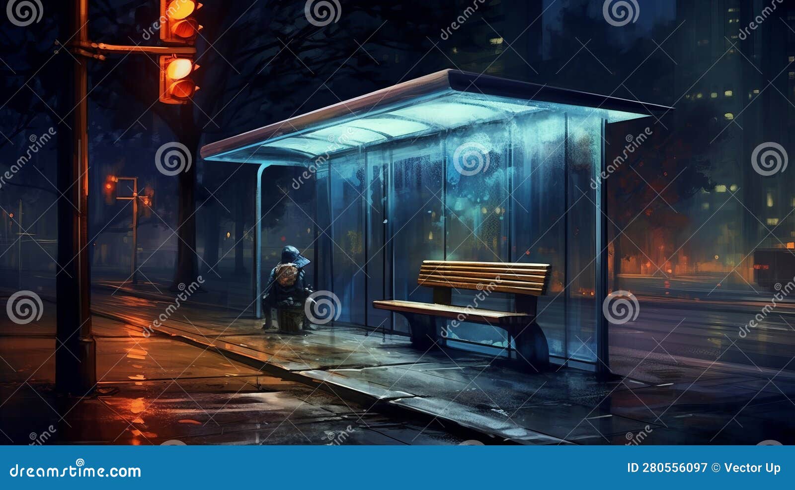 Bus Stop in City at Night on Background. Generative AI. Stock ...