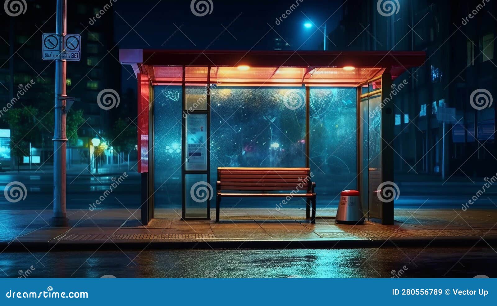 Bus Stop in City at Night on Background. Generative AI. Stock ...
