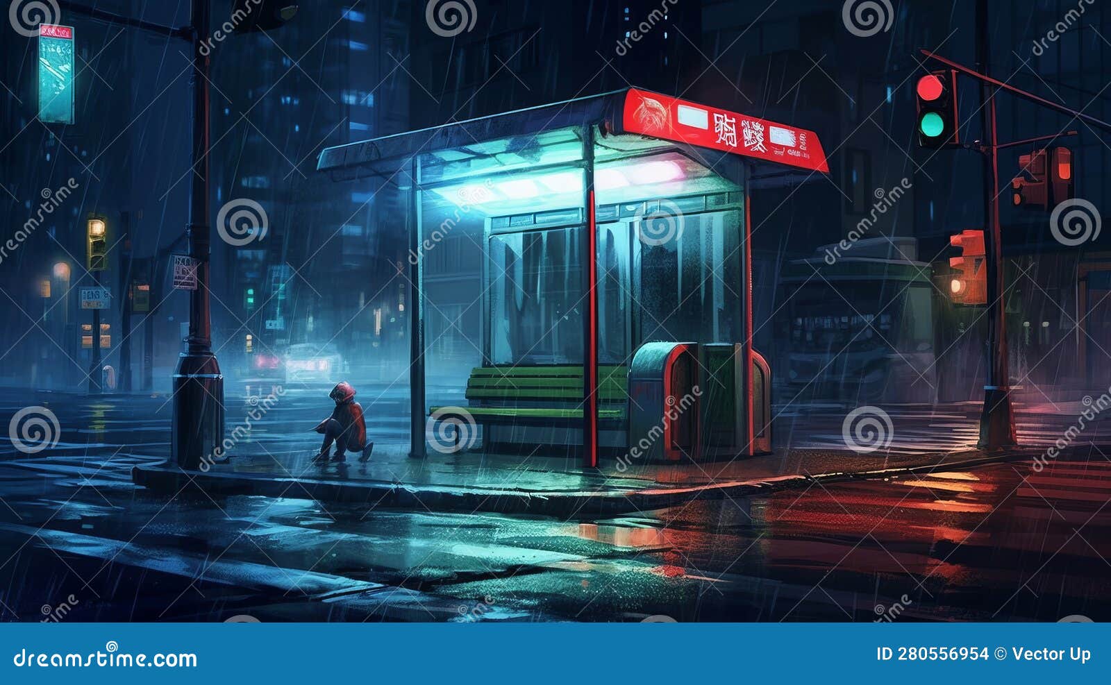 Bus Stop in City at Night on Background. Generative AI. Stock ...