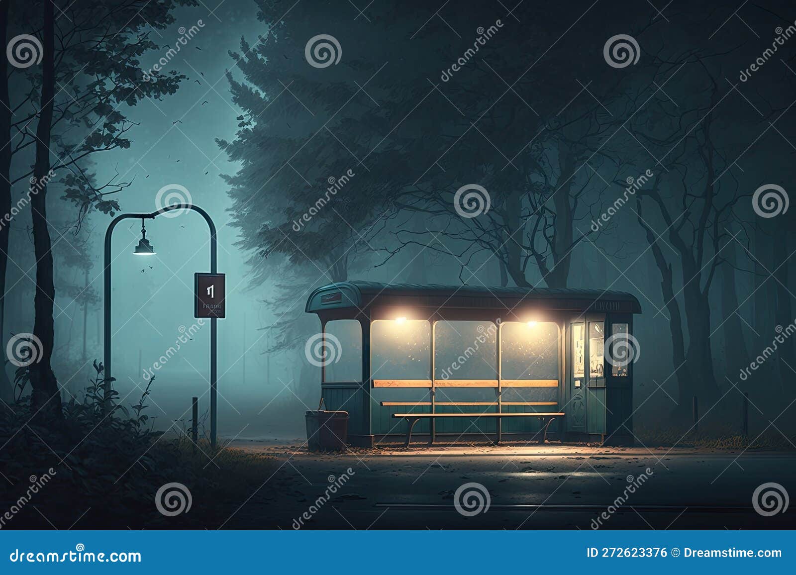 Bus Stop with Dimly-lit Lanterns and Bench, Surrounded by Dark and ...