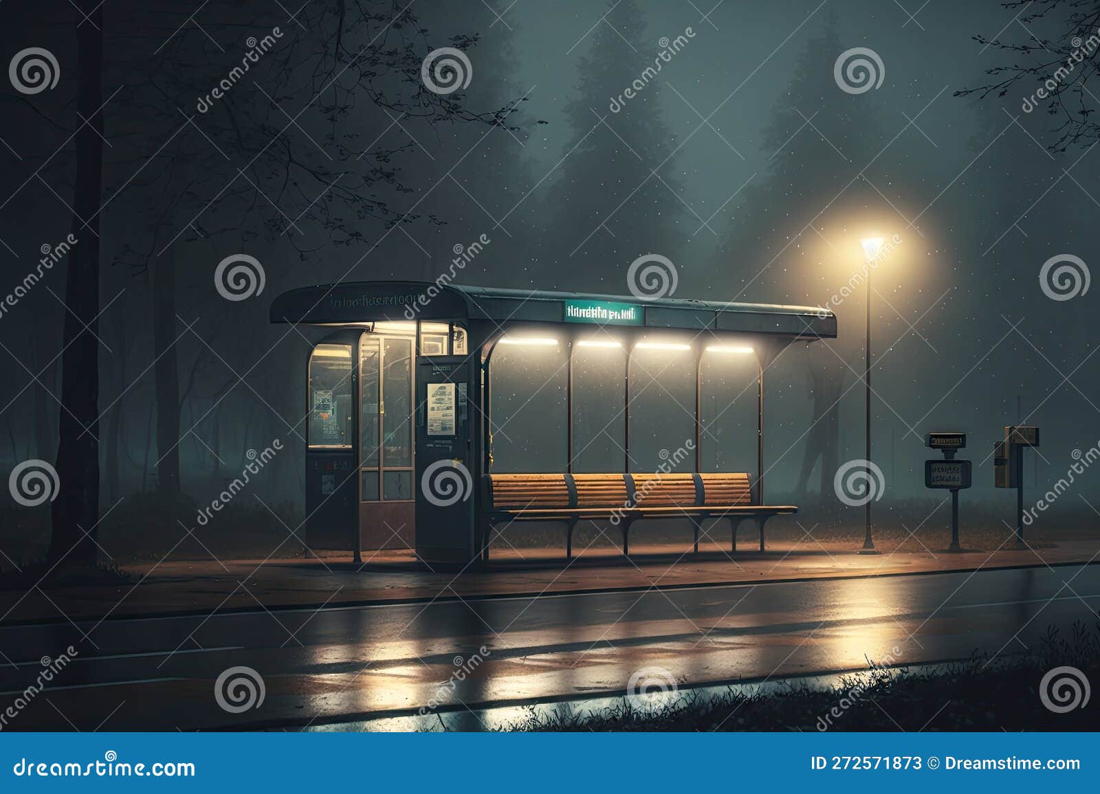 Bus Stop with Dimly-lit Lanterns and Bench, Surrounded by Dark and ...