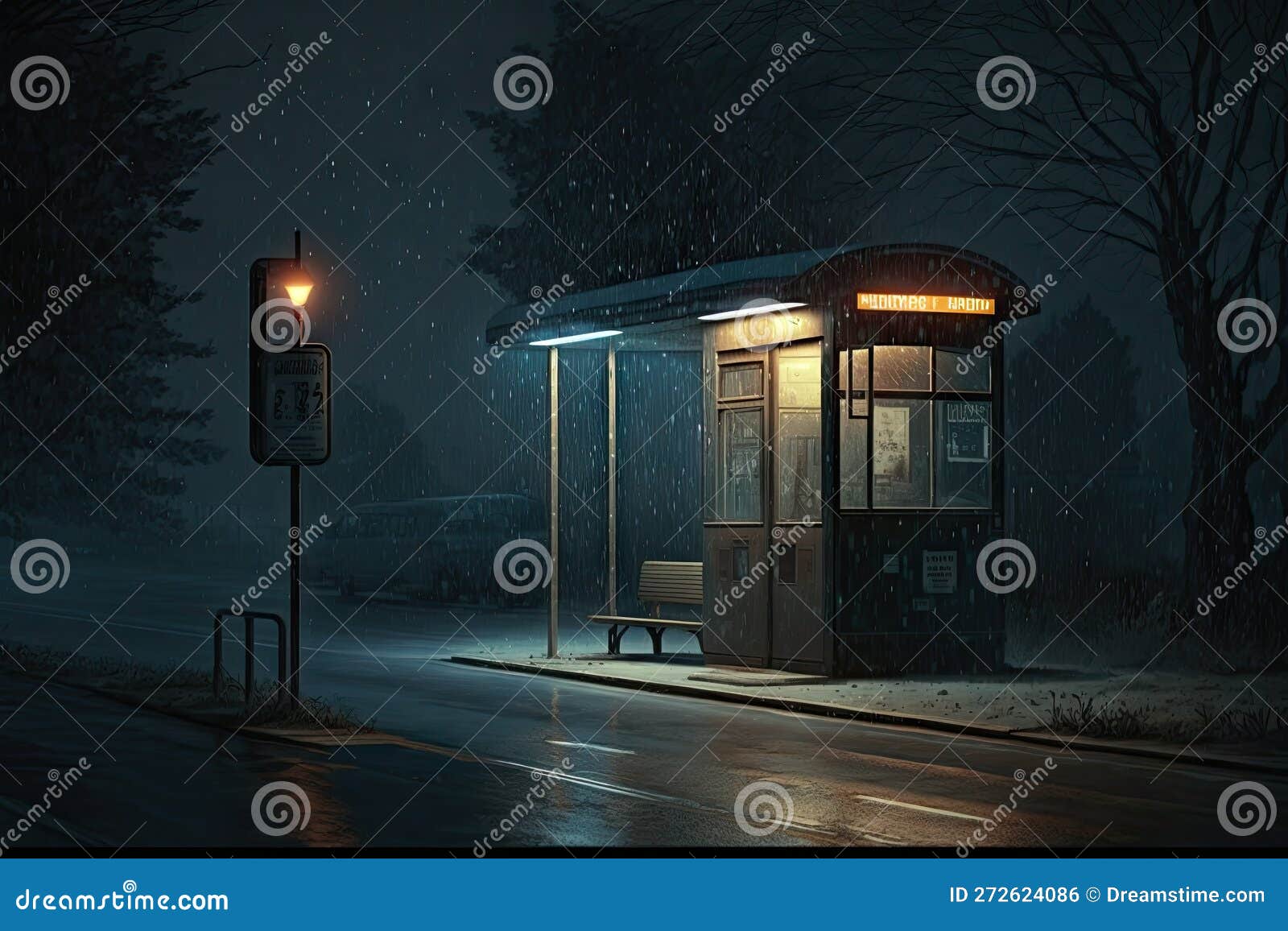 Bus Stop with Flickering Lantern, Surrounded by Darkness Stock ...