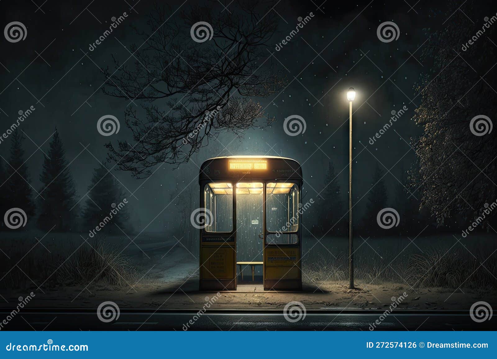 Bus Stop with Flickering Lantern, Surrounded by Darkness Stock Photo ...