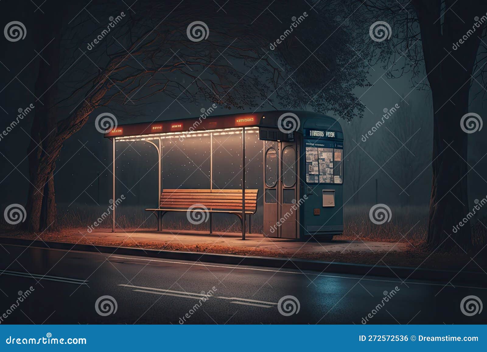 Bus Stop with Flickering Lights, Creating a Spooky Atmosphere at Night ...