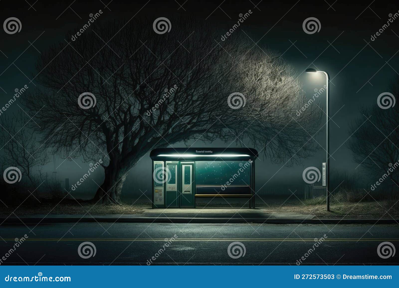 A Bus Stop with a Flickering Street Light, Surrounded by Darkness Stock ...