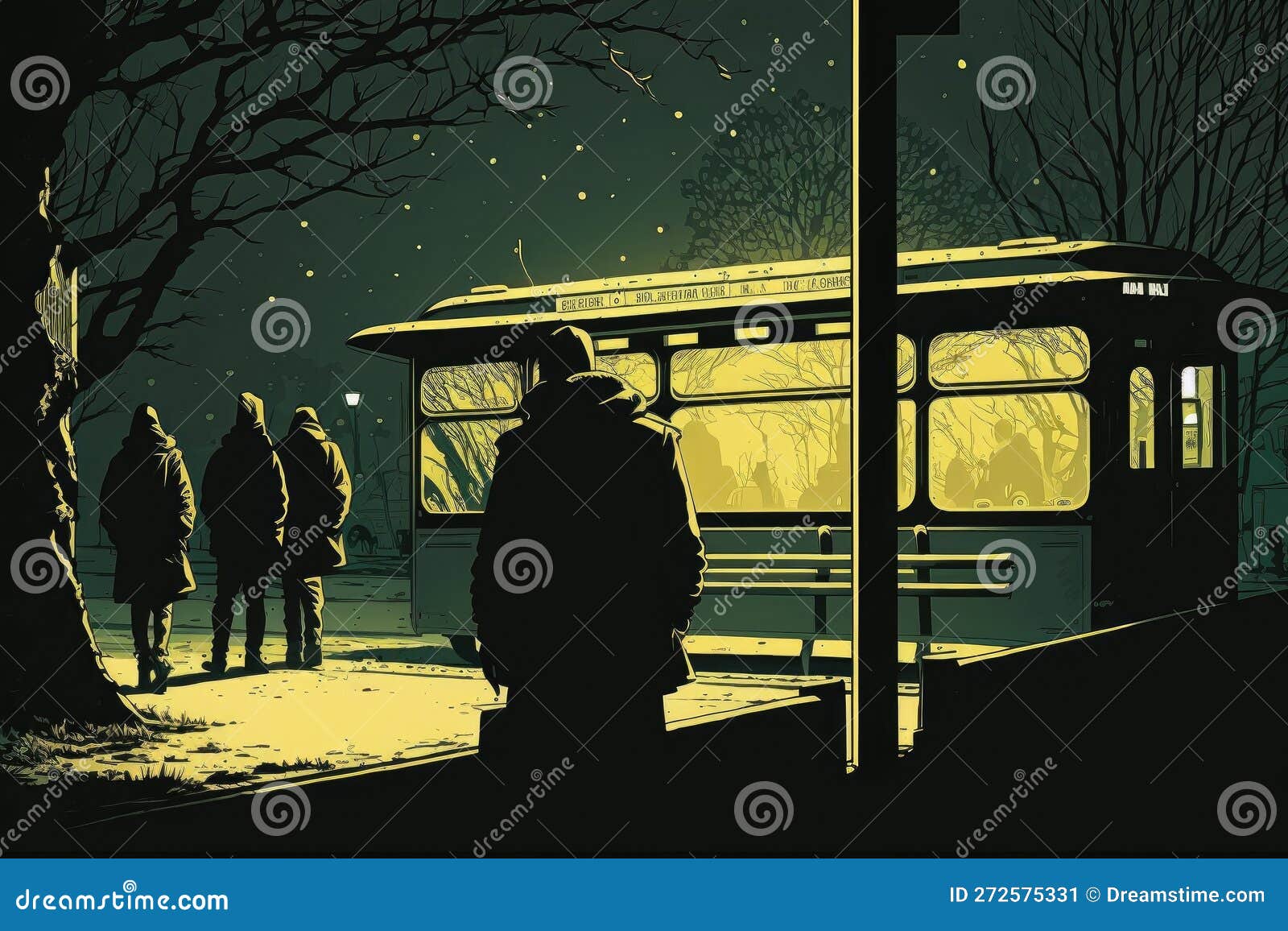 Bus Stop, with Flickering Streetlight and Silhouettes of Passersby, at ...