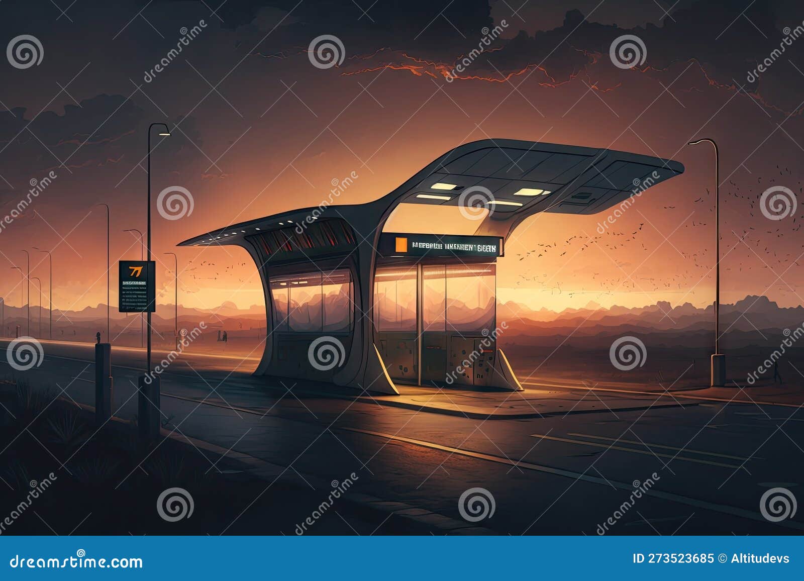 Bus Stop, with Futuristic Bus Arriving, at Dawn Stock Illustration ...