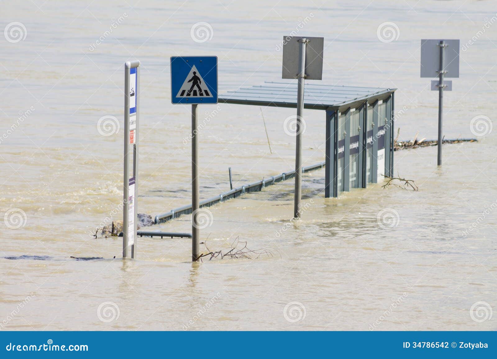 Bus stop in heavy flood stock photo. Image of europe - 34786542