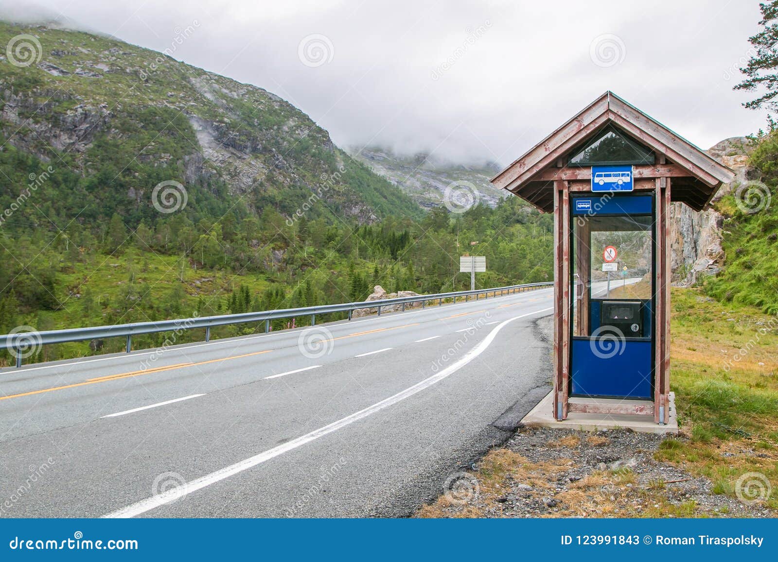 Bus stop in Norway stock image. Image of mountains, road - 123991843