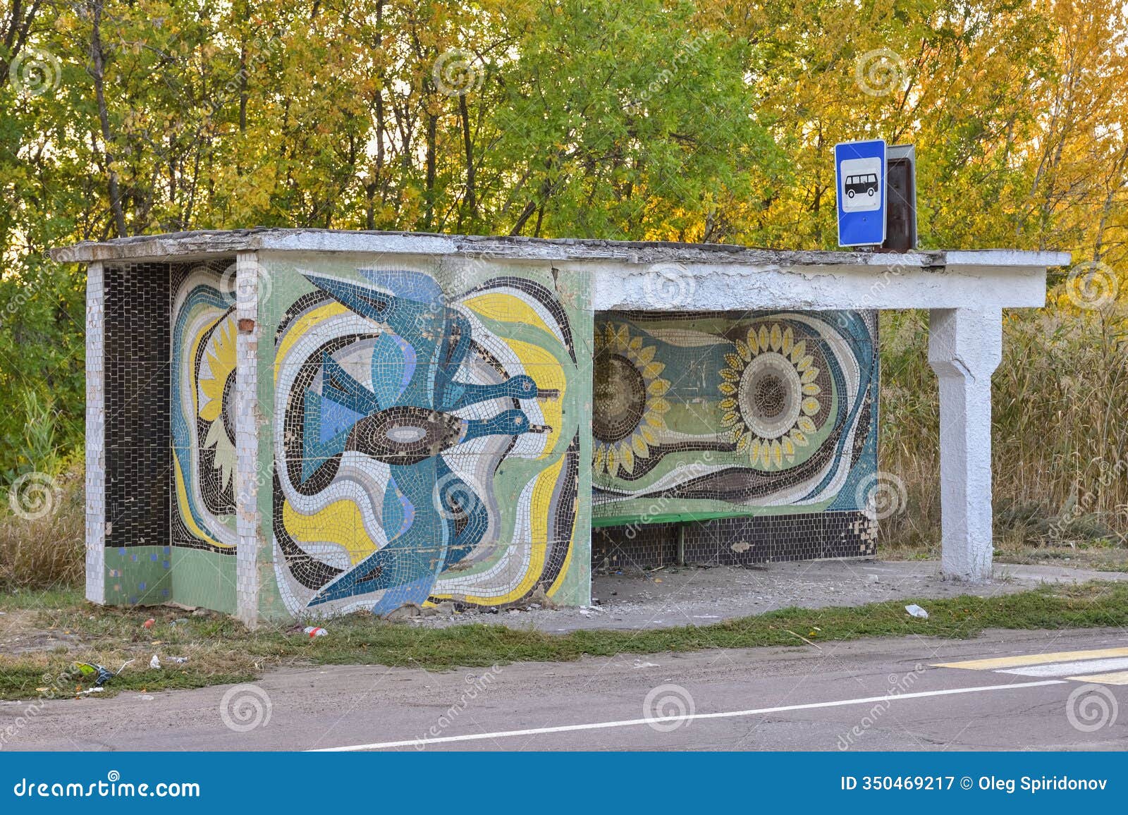 A Bus Stop with a Mural on the Wall Stock Image - Image of symbol ...