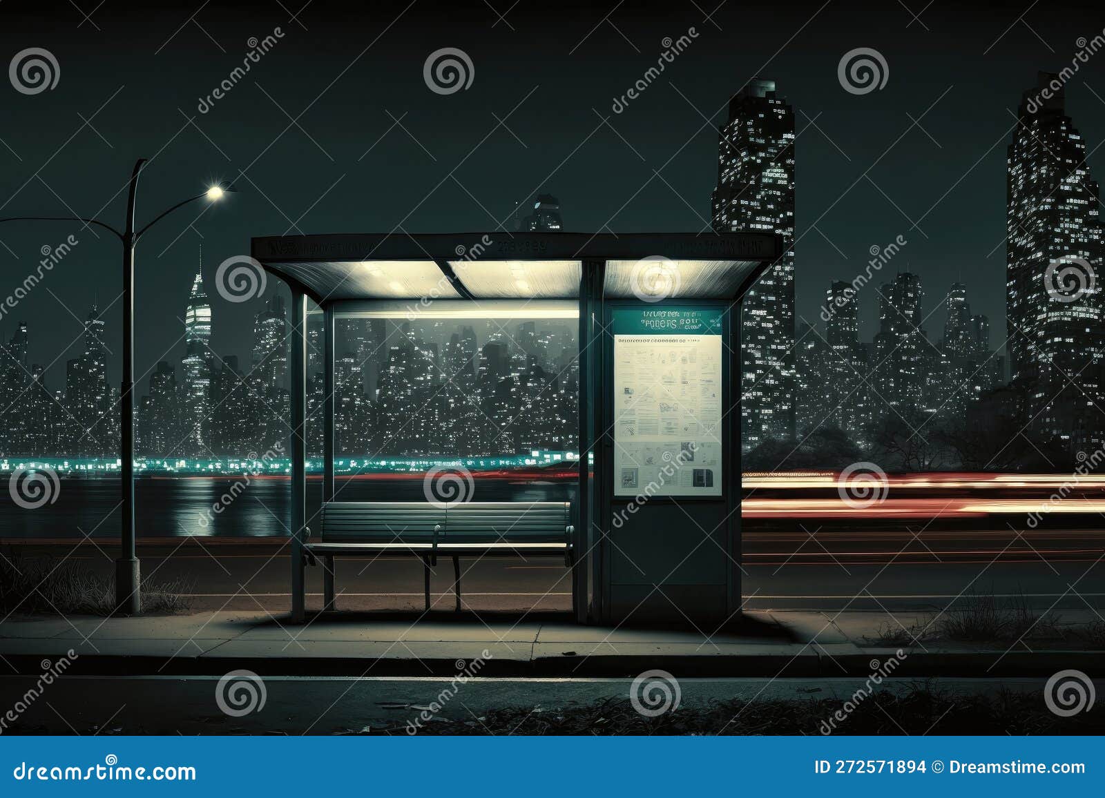 Bus Stop at Night, with View of City Skyline, and Distant Traffic ...