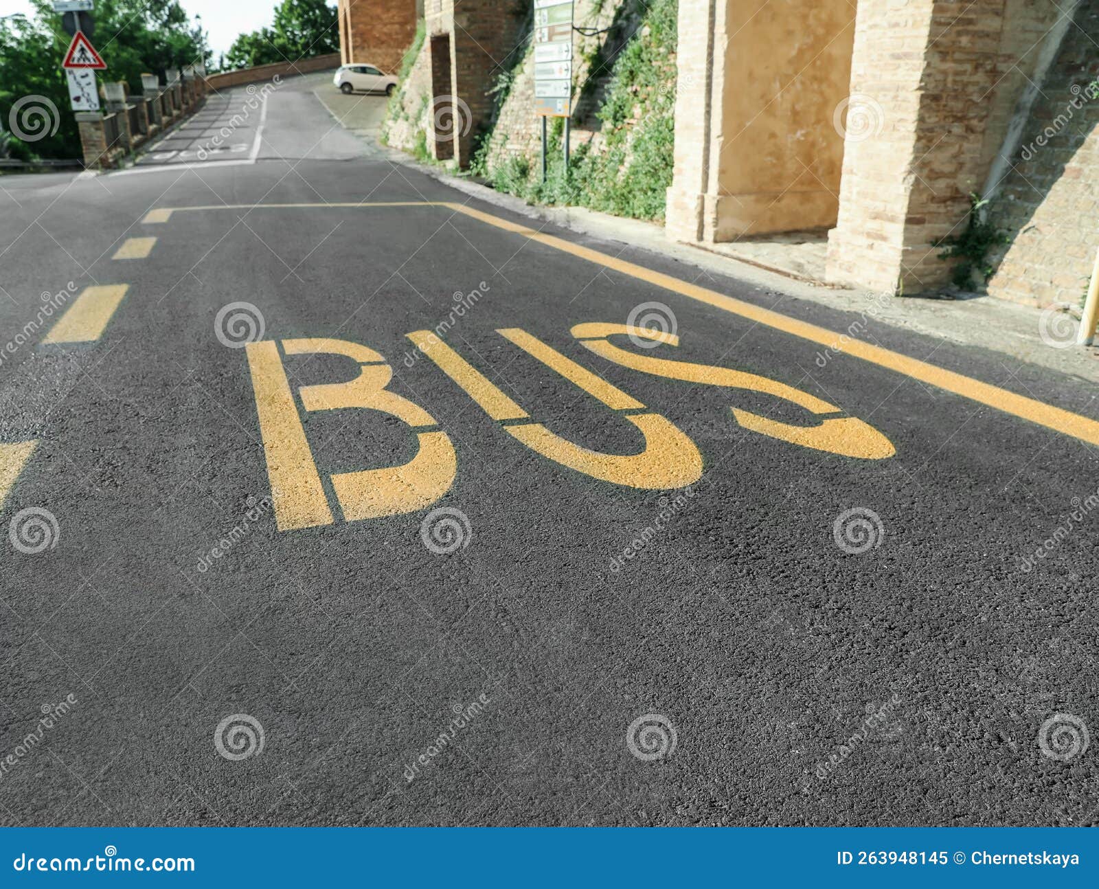 Bus Stop Pad on Asphalt Road on Sunny Day Stock Image - Image of speed ...