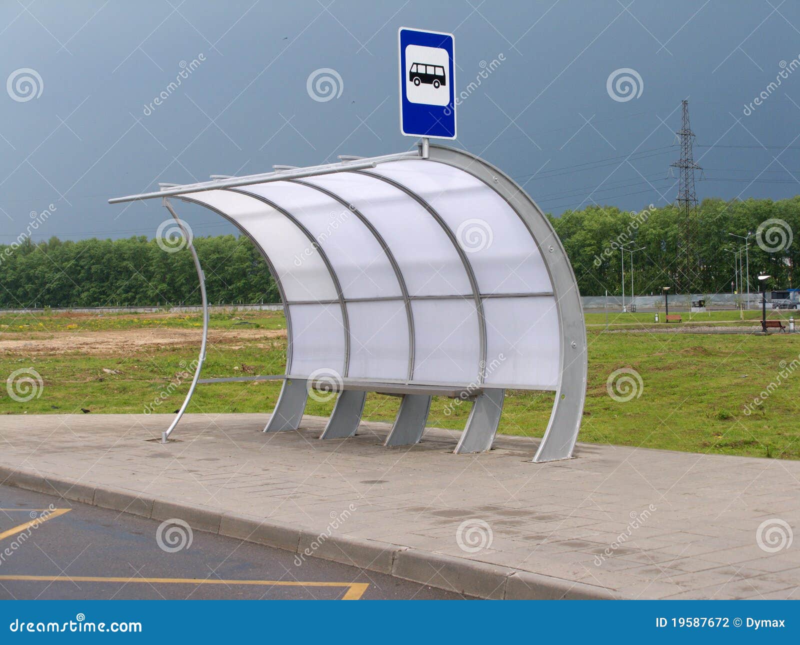 Bus Stop with Pavilion on Asphalt Road Stock Photo - Image of nature ...