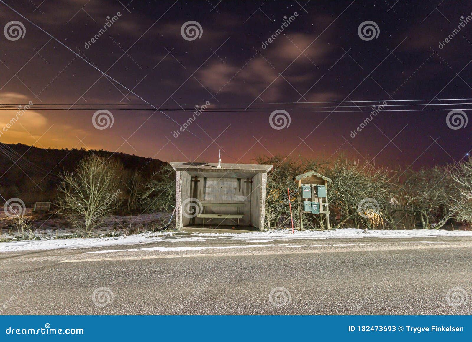 Bus Stop and Post Boxes at Night Stock Image - Image of night, city ...