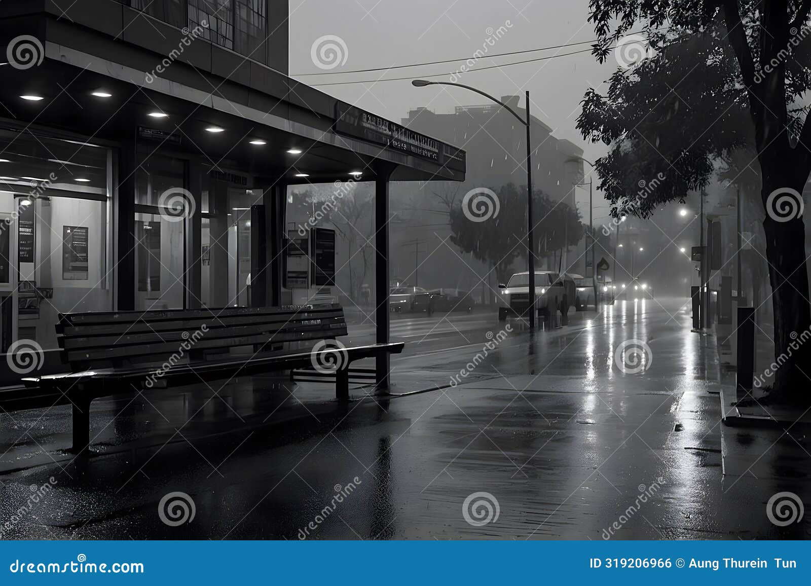 An Empty Bus Stop in a Rainy Day Stock Illustration - Illustration of ...