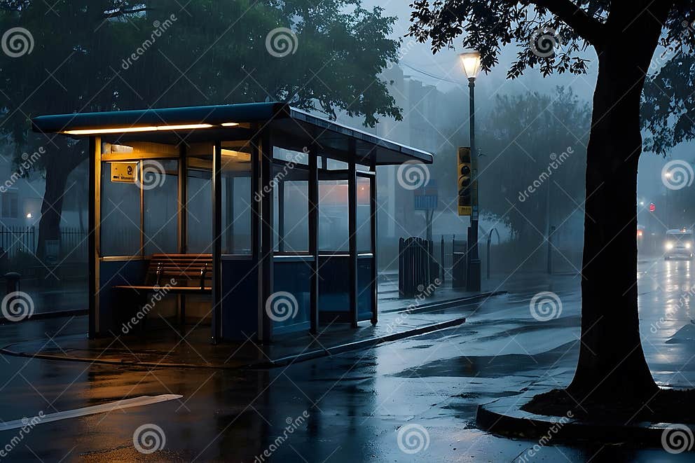 An Empty Bus Stop in a Rainy Day Stock Illustration - Illustration of ...