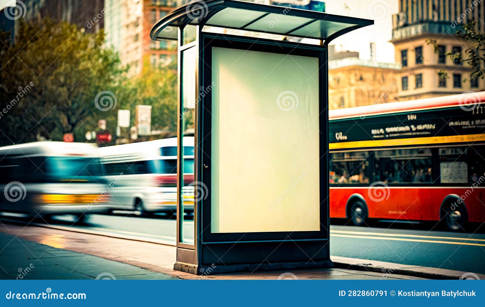 Bus Stop on the Side of the Road with Bus in the Background. Generative ...