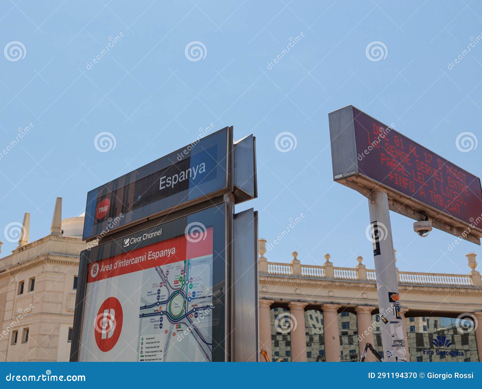 Bus Stop and Sign in Espanya Square, Barcelona, Spain Stock Photo ...