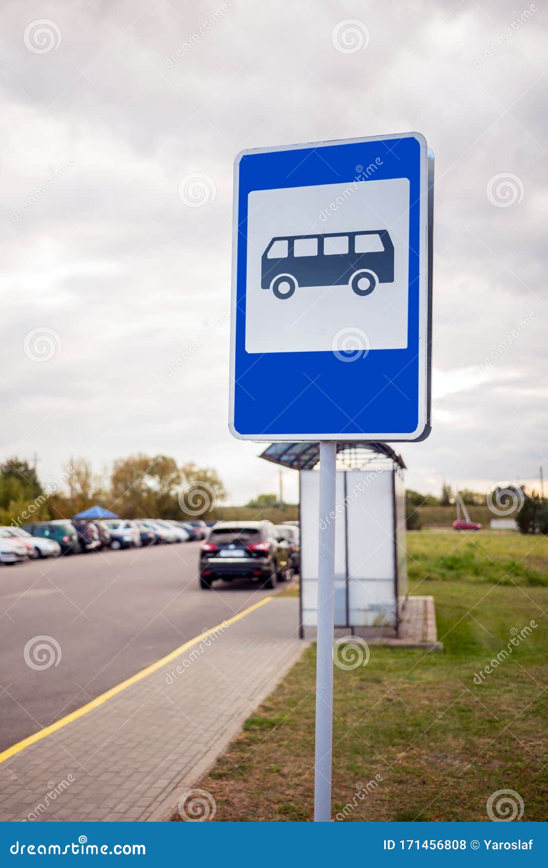 Bus Stop Sign Near Empty Bus Stop Stock Photo - Image of service ...