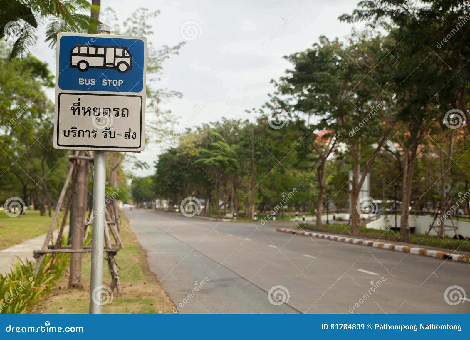 Bus Stop Sign on Pole Next To the Road Stock Image - Image of post ...