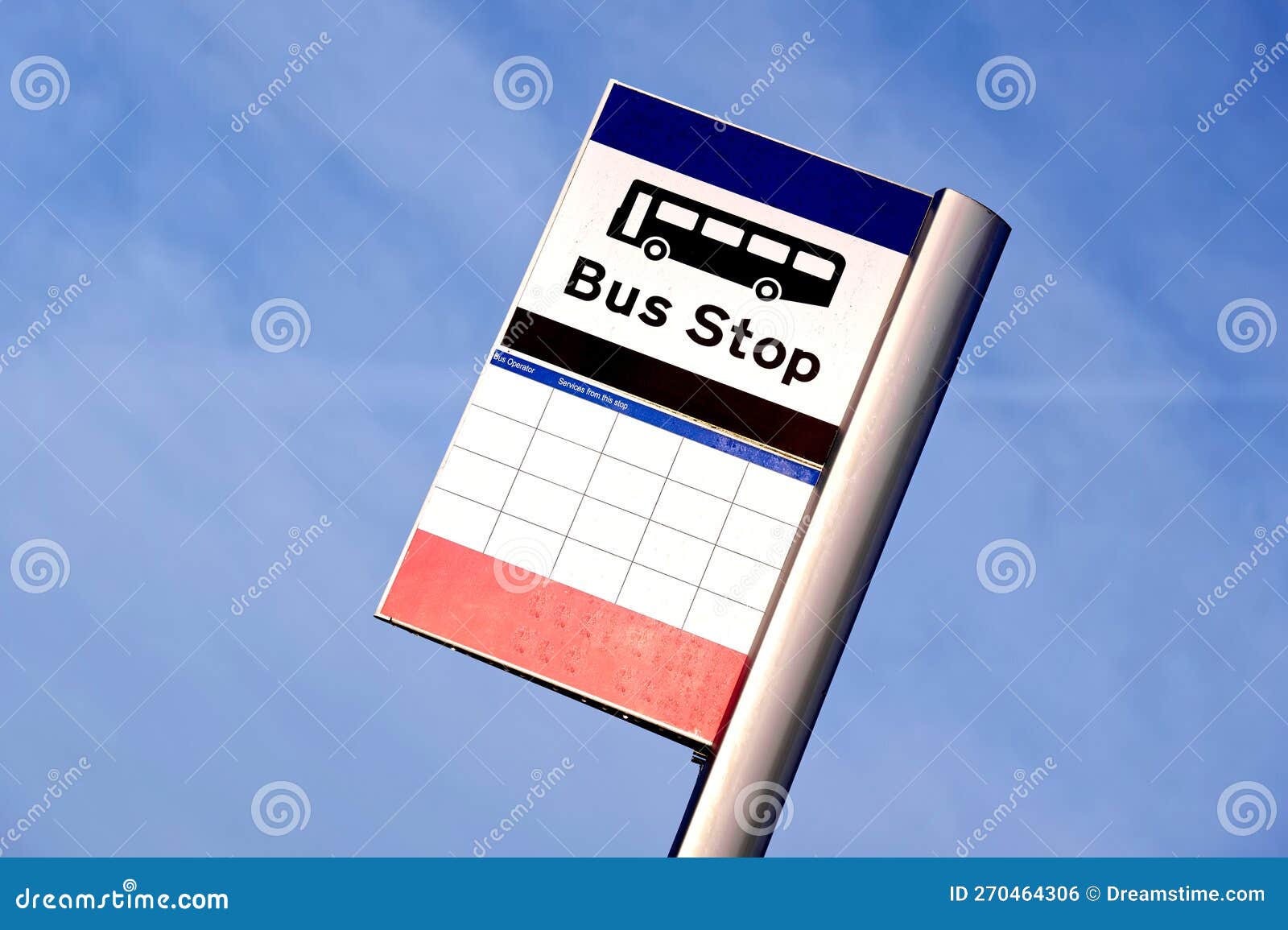 Bus Stop Sign on Post Against Blue Sky Stock Photo - Image of help ...