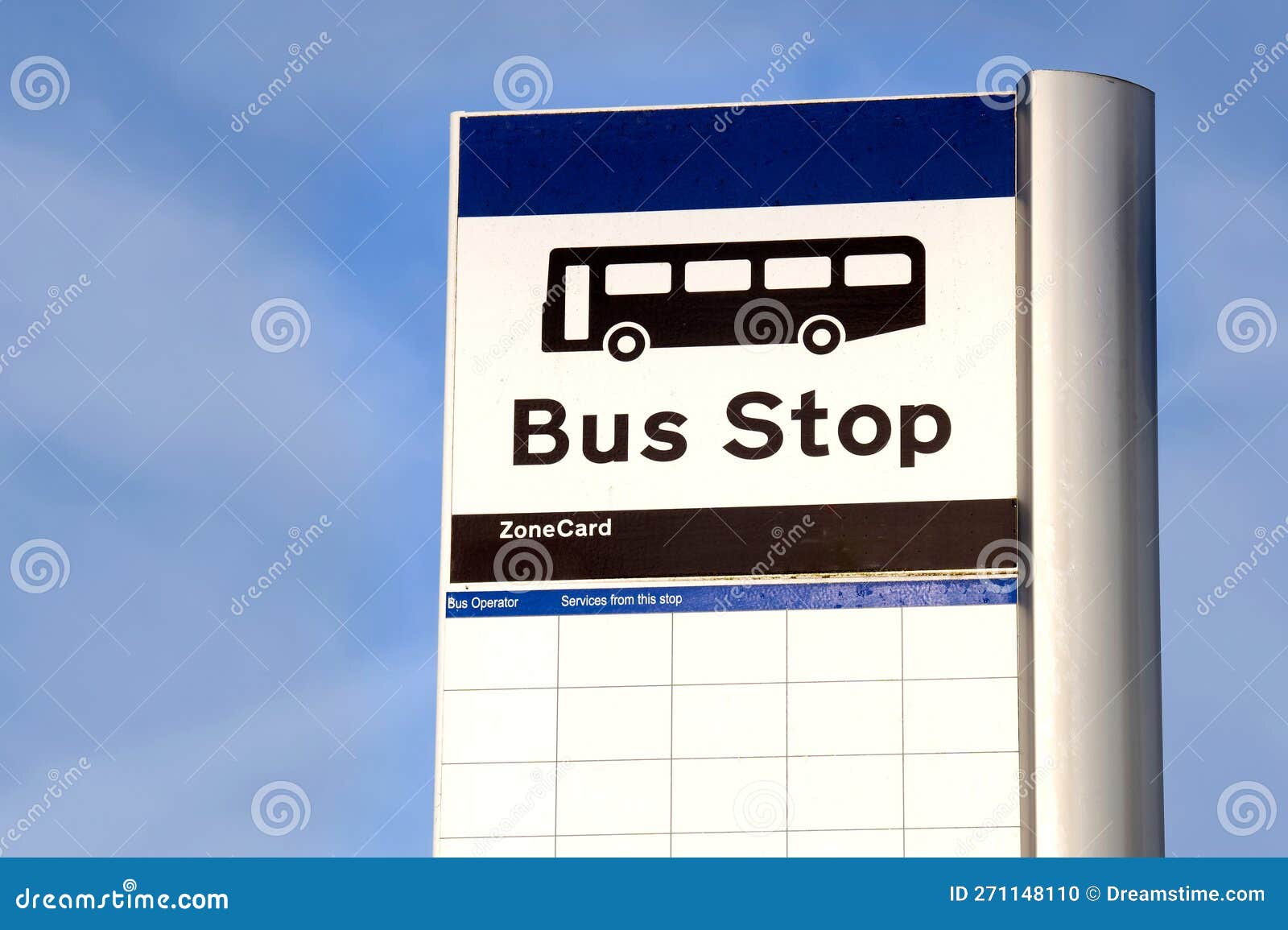 Bus Stop Sign on Post Against Blue Sky Stock Photo - Image of public ...