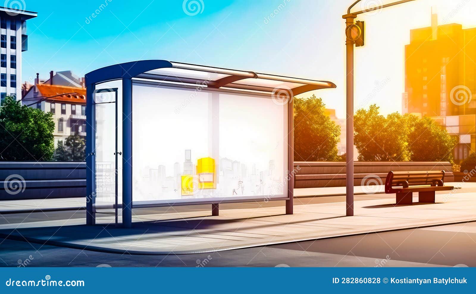 Bus Stop Sitting on the Side of Road Next To Traffic Light. Generative ...