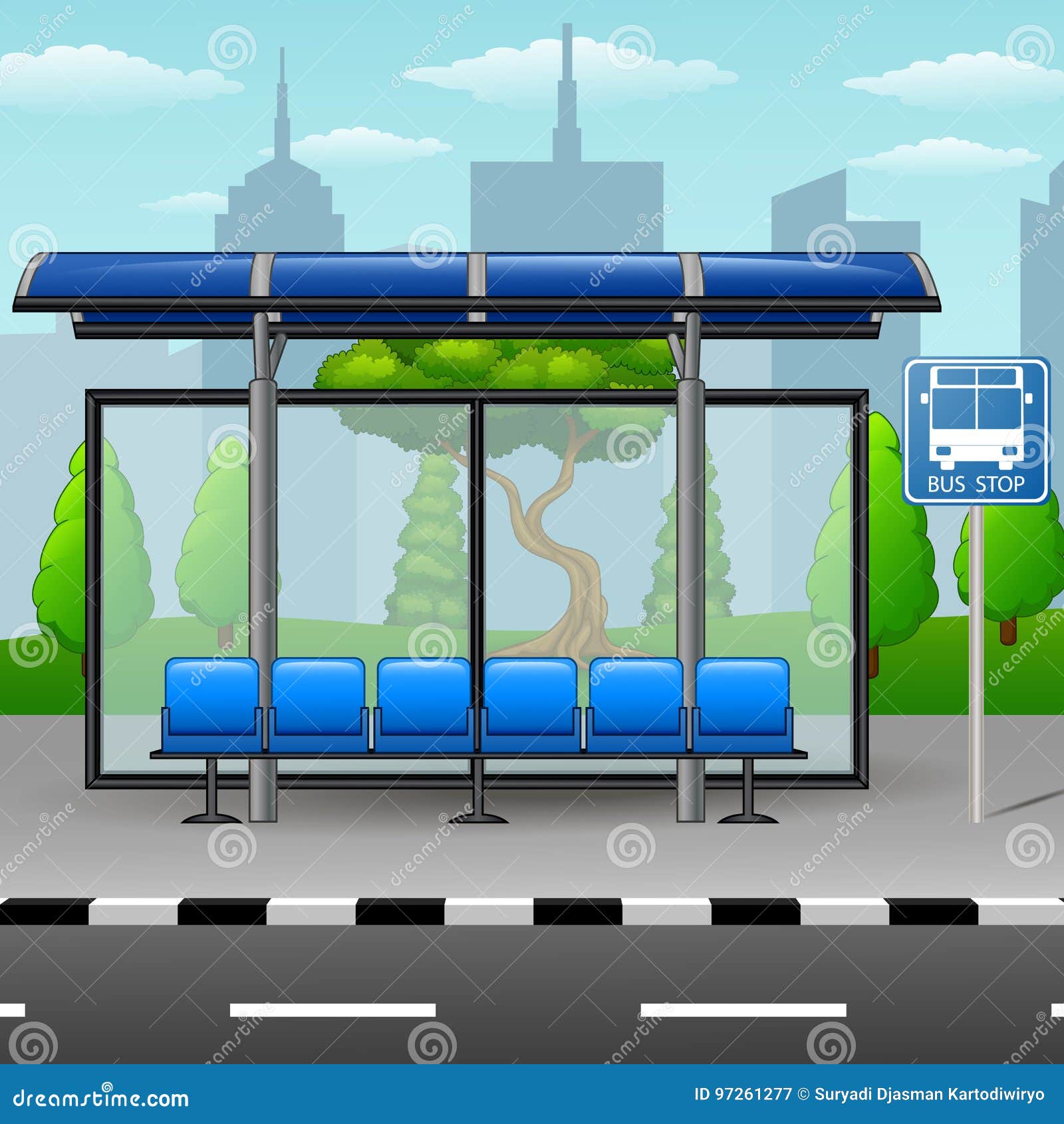 Bus Stop With Trees On City Skyline Background Cartoon Vector ...