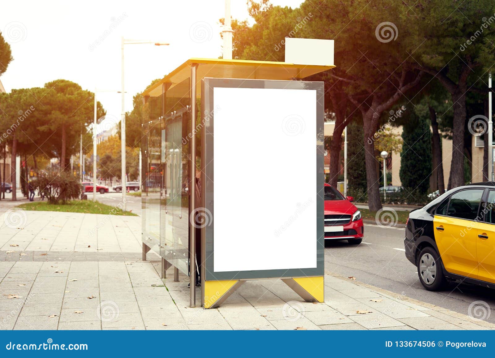 Bus Stop with Vertical Empty Billboard Placeholder, Information Banner ...