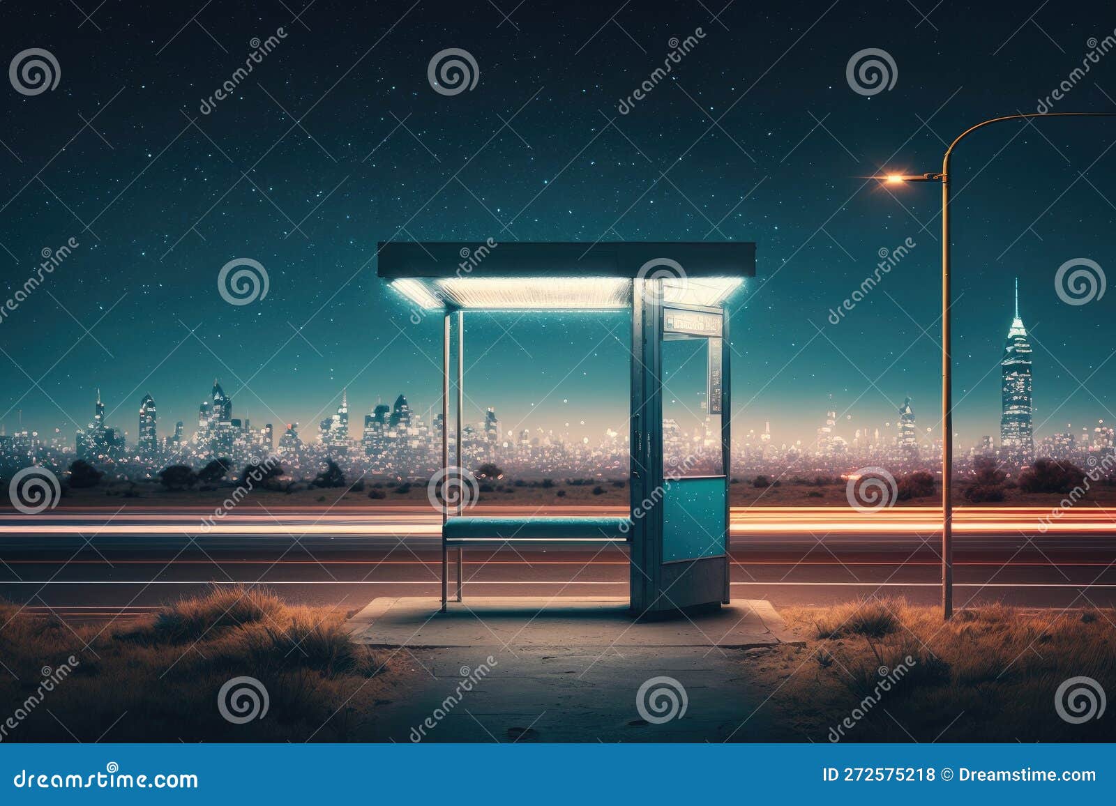A Bus Stop with a View of the City Skyline, with Bright Lights Shining ...